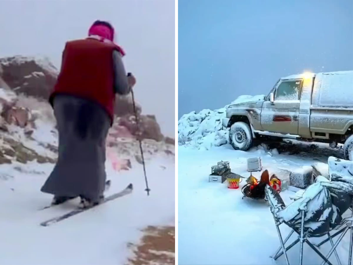 Historic Snow: Saudi Residents Ski in Tabuk and Hail's Unusual Winter Scene