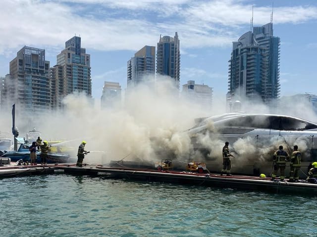 Dubai firefighters tackle yacht blaze
